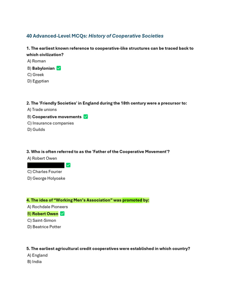 MCQs on Cooperative Movement History | PDF | Cooperative | Mutual ...