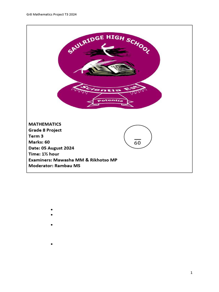 Gr.8 Math Project Term 3 2024 | PDF | Equations | Multiplication