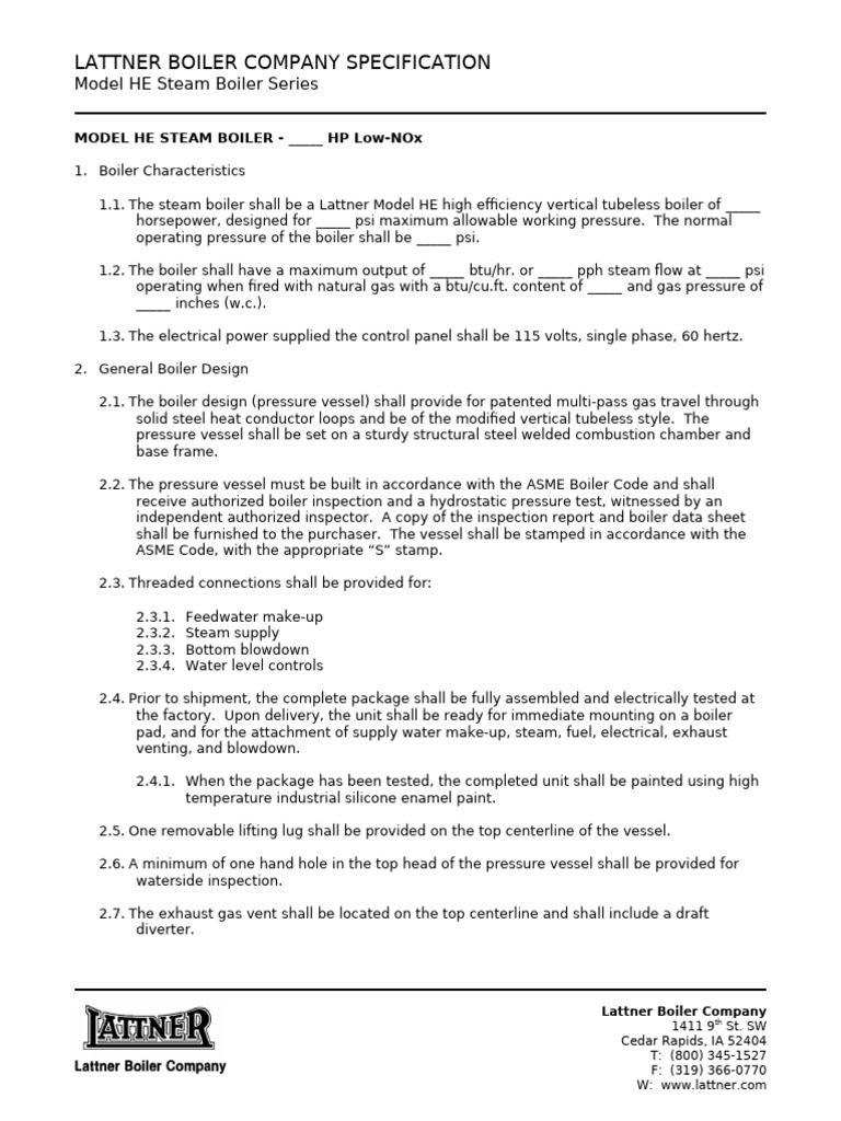 Lattner HE Steam Boiler Specifications | PDF | Boiler | Valve