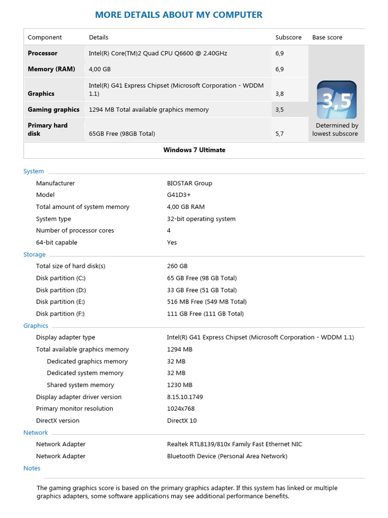 More Details About My Computer | PDF | Random Access Memory | Network Interface Controller