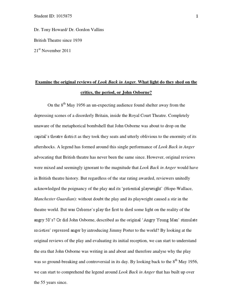 Examine The Original Reviews of Look Back in Anger | PDF | Anger ...