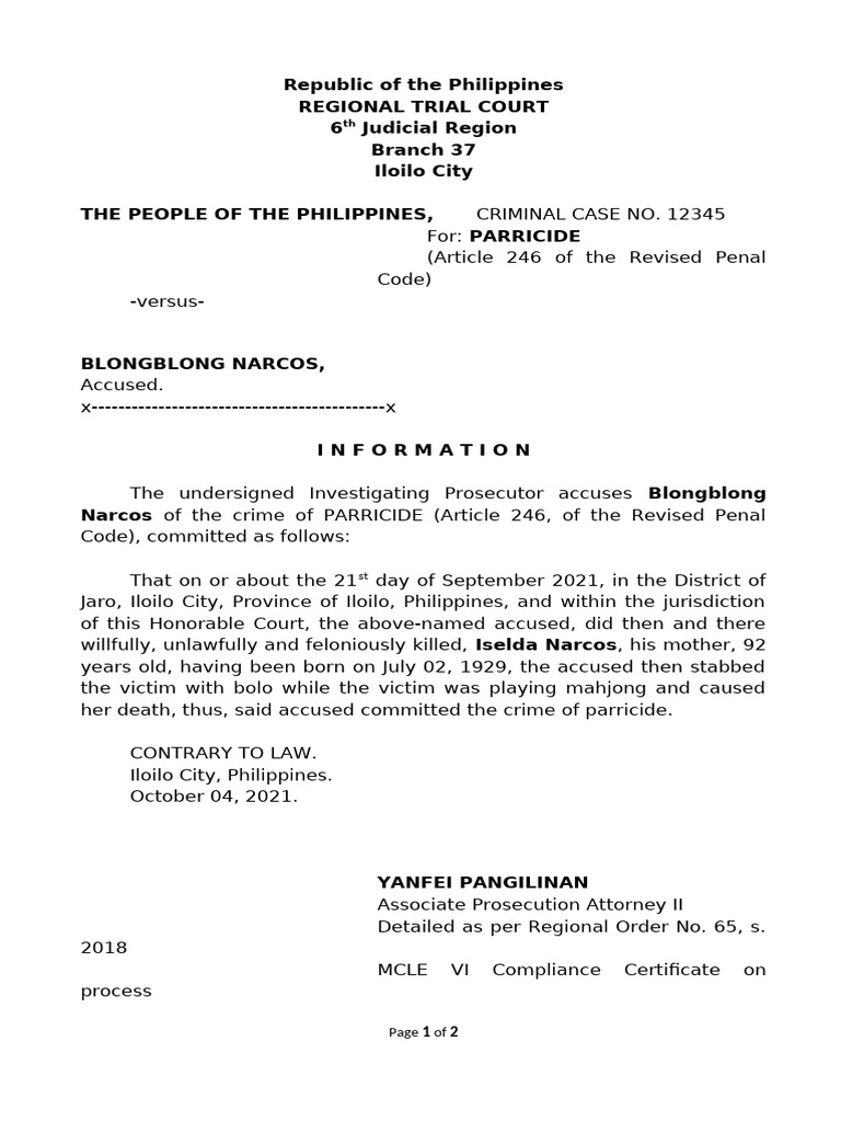 Parricide Case Against Blongblong Narcos | PDF | Prosecutor | Crimes