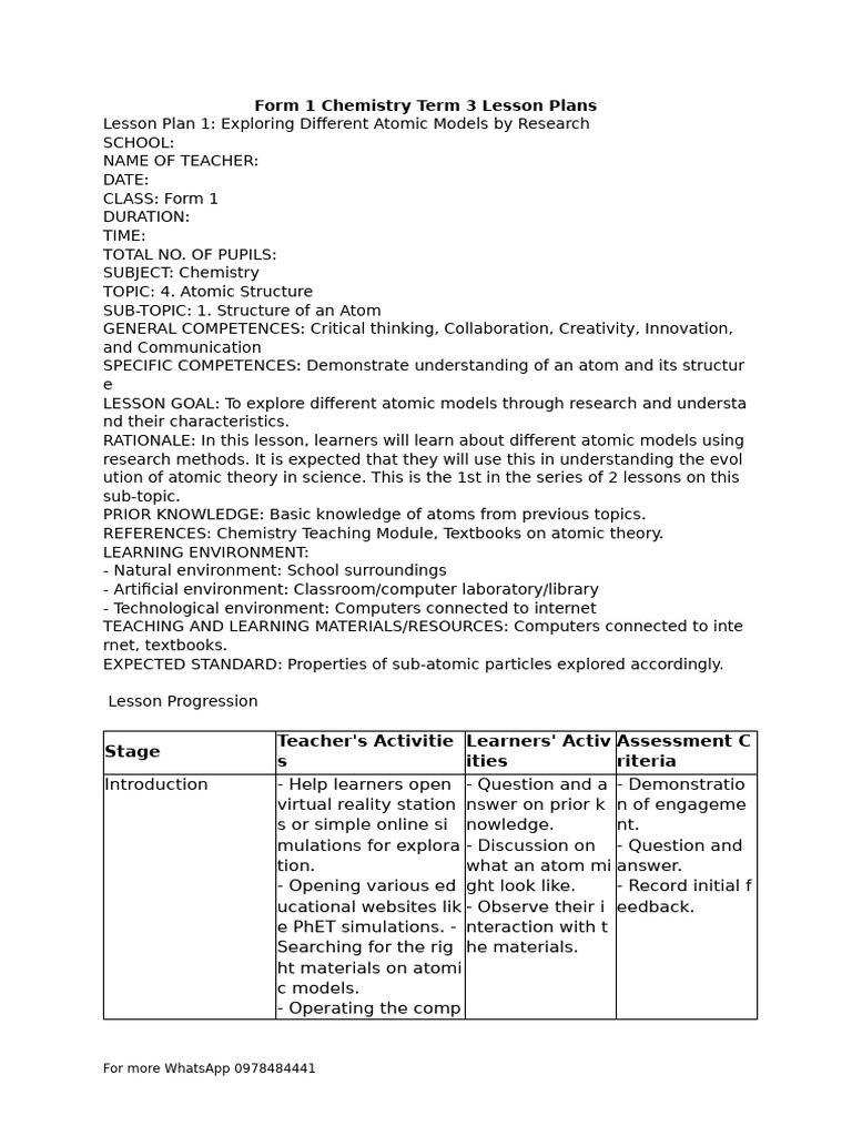 Form 1 Chemistry Term 3 Lesson Plans | PDF | Learning | Lesson Plan