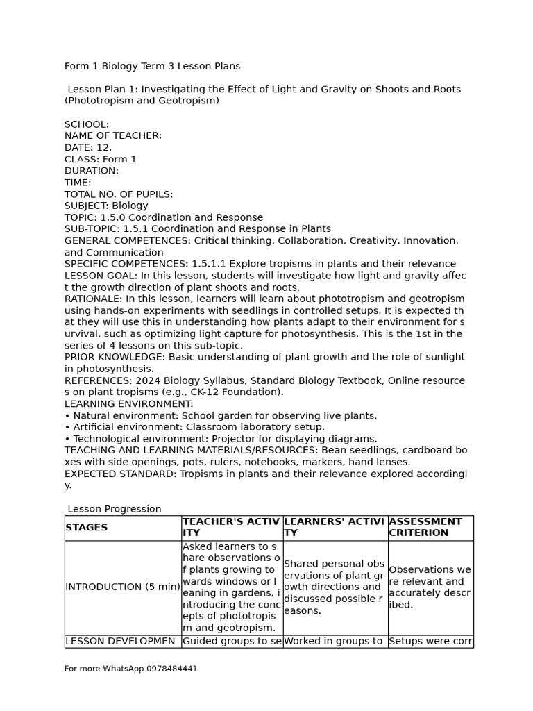 Form 1 Biology: Plant Tropisms Lessons | PDF | Learning | Lesson Plan
