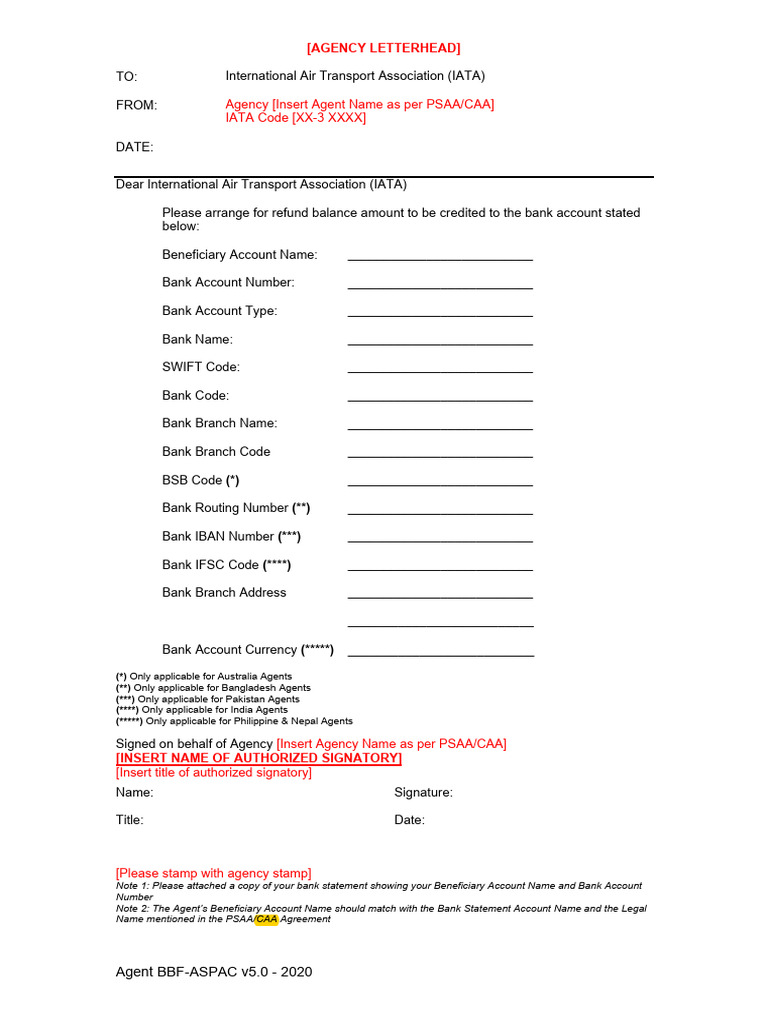 Agent Bank Beneficiary Form-ASPAC | PDF