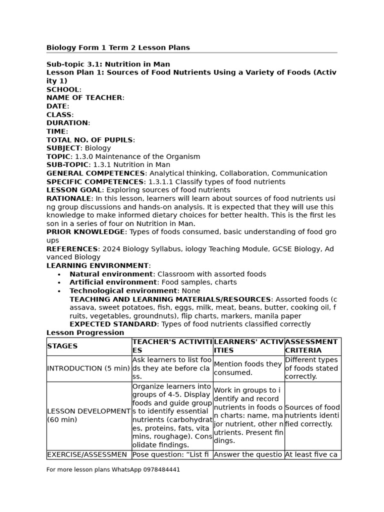 Nutrition in Man Lesson Plans | PDF | Lesson Plan | Foods