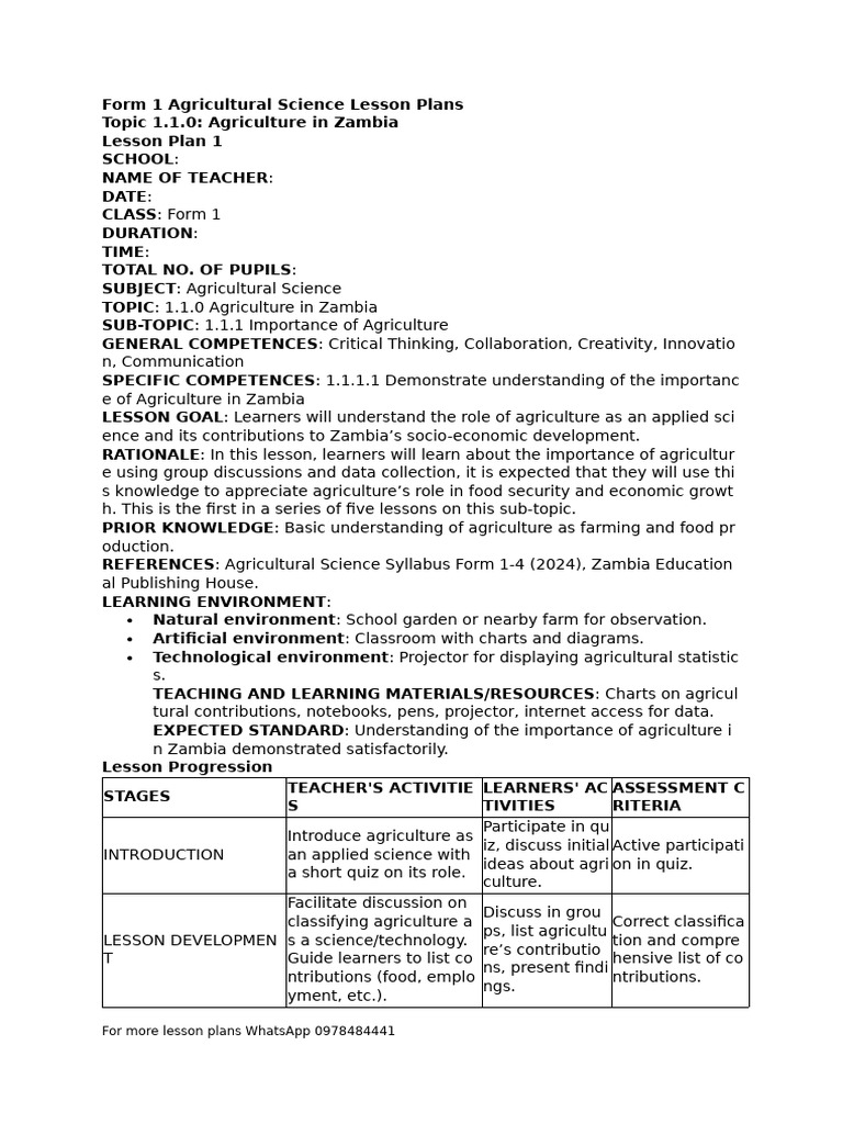 Zambia Agricultural Science Lesson Plans | PDF | Lesson Plan | Learning