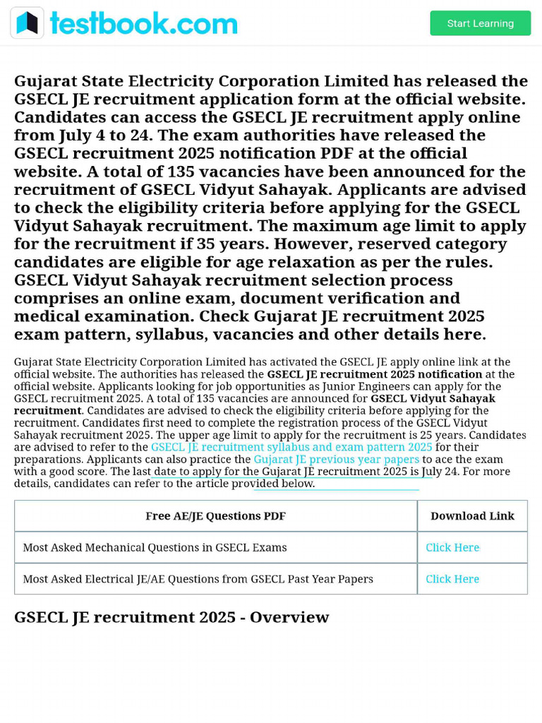 GSECL JE Recruitment 2025exam Info | PDF