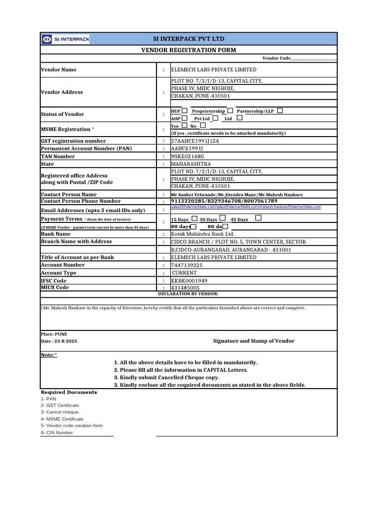 Vendor Registration for Elemech Labs | PDF