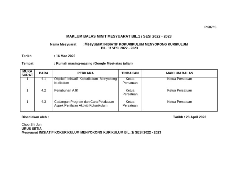 5 Maklum Balas Minit Mesyuarat | PDF