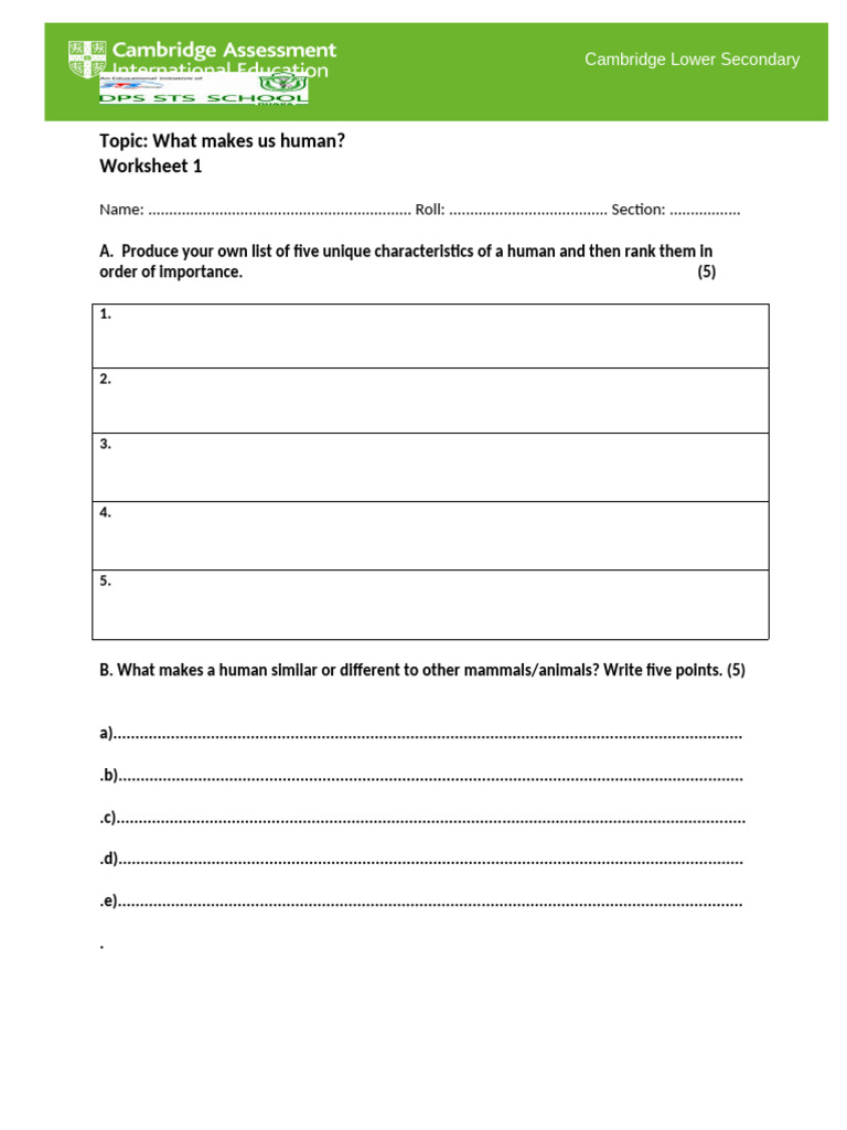Characteristics of Being Human Worksheet | PDF