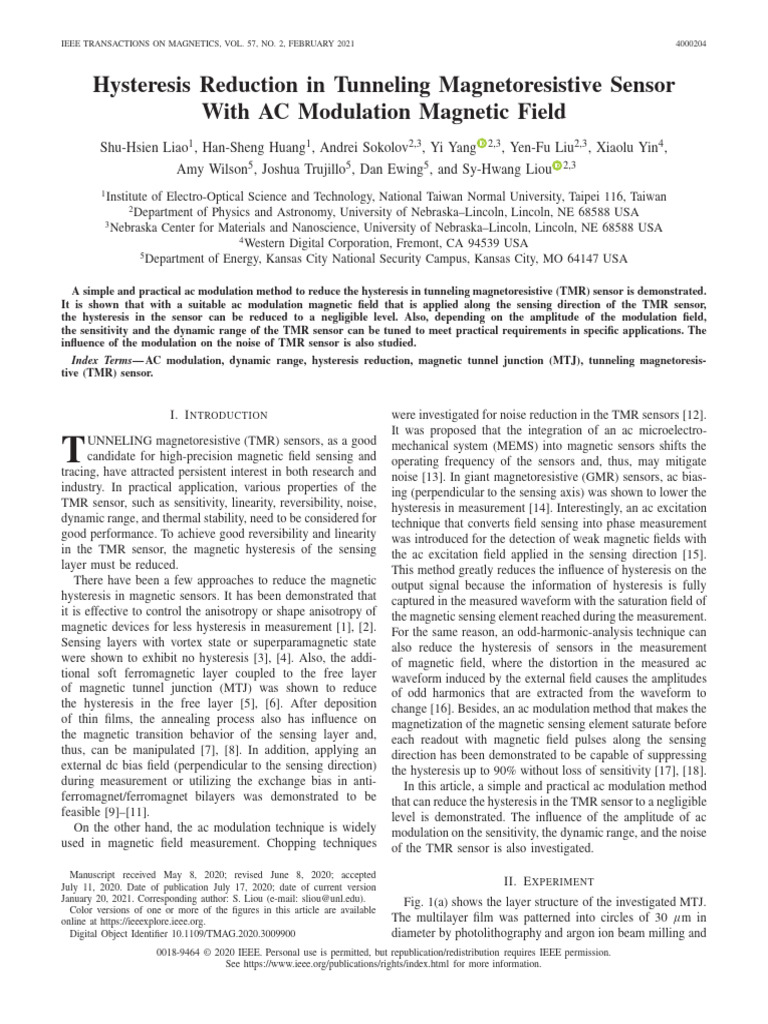 Hysteresis Reduction in Tunneling Magnetoresistive Sensor With AC ...