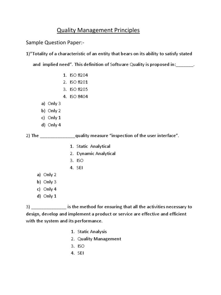 Quality Management Principles: Sample Question Paper | PDF | Software ...