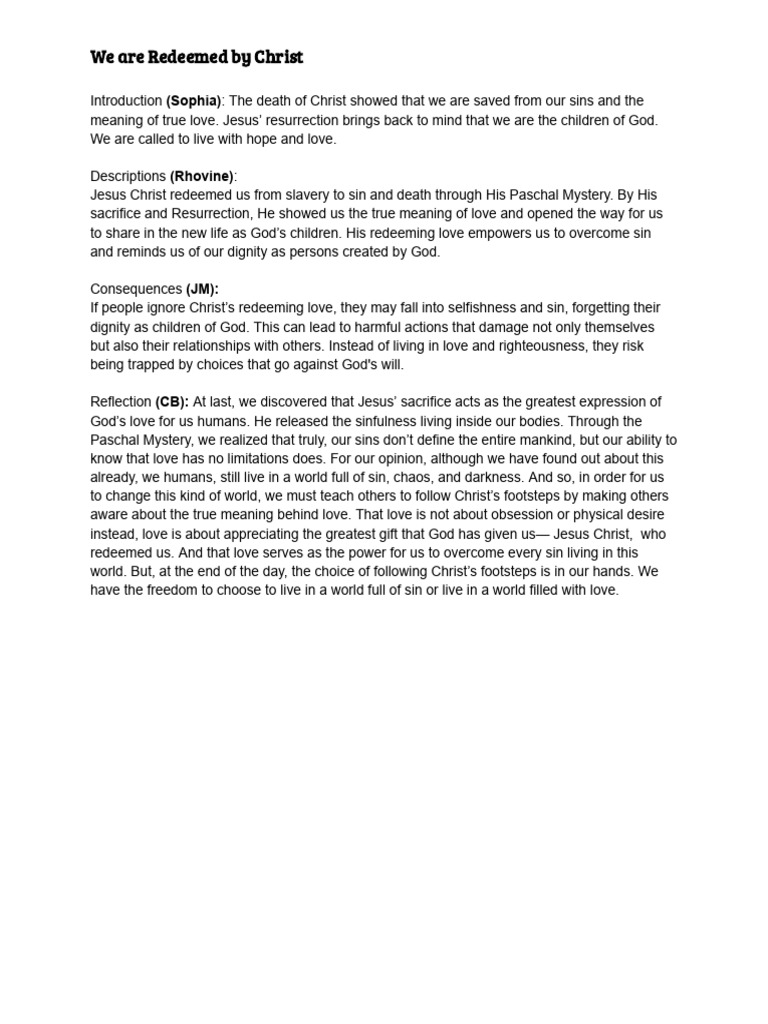 Redeemed by Christ - Group 7 | PDF