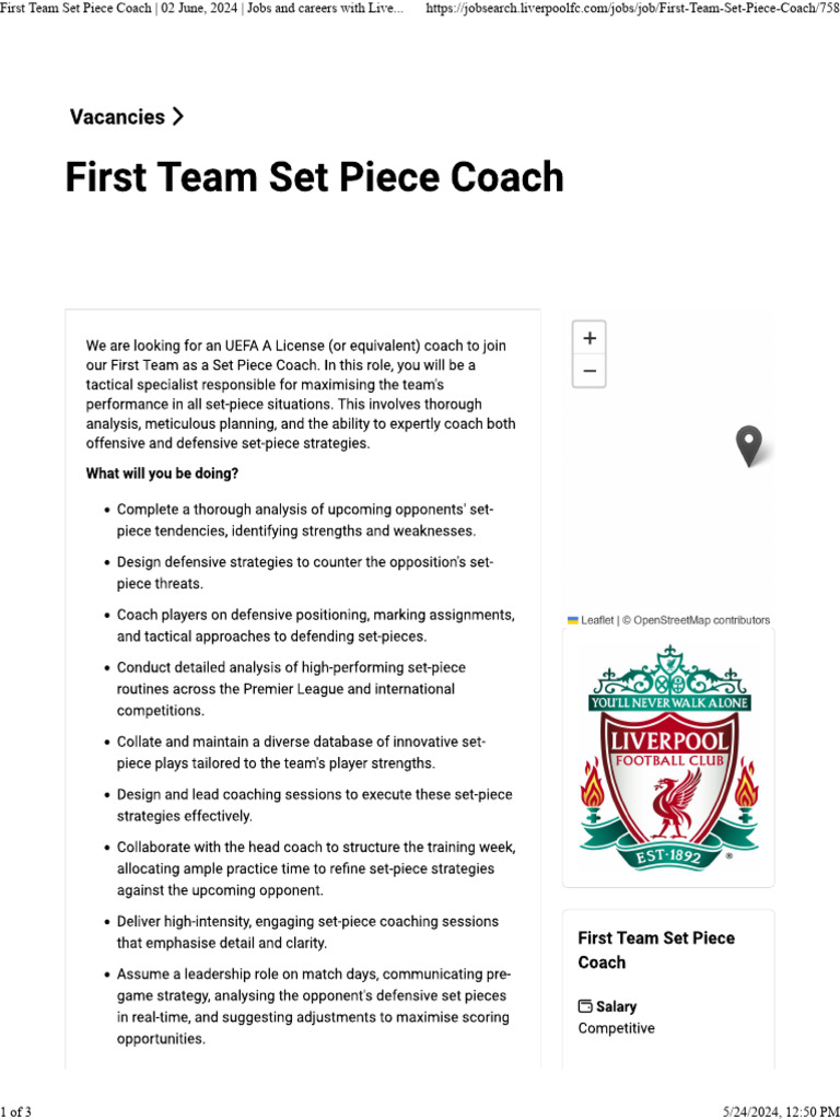 Liverpool FC Set Piece Coach Job | PDF