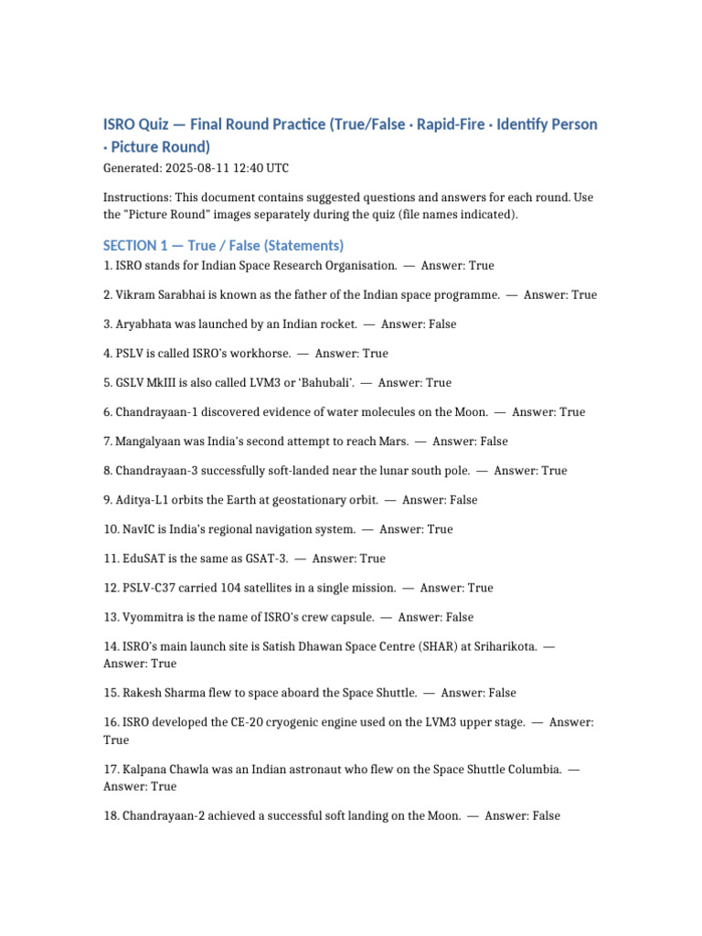 ISRO Quiz: Final Round Practice Guide | PDF | Space Agencies | Space ...