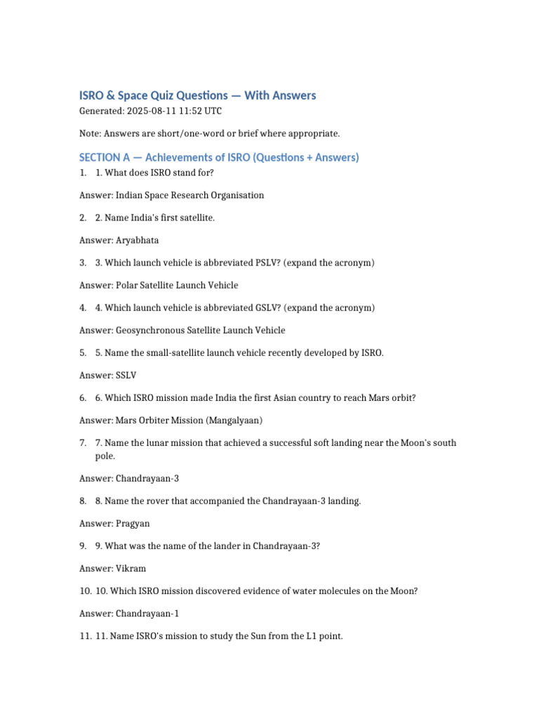 ISRO Space Quiz: Questions & Answers | PDF | Spacecraft | Spacecraft ...