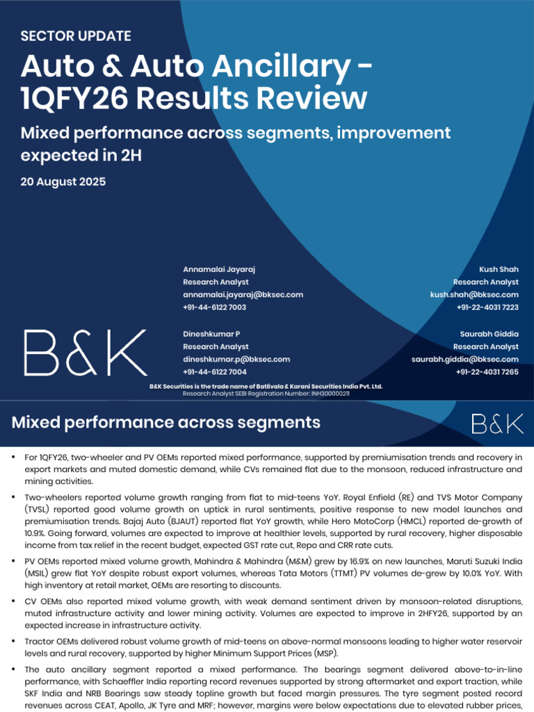 B&K Auto Sector Update: 1QFY26 Review | PDF | Vehicles | Motor Vehicle