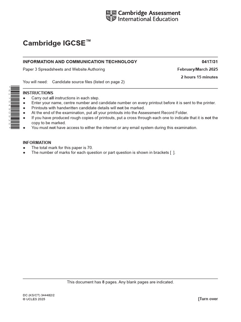 Cambridge IGCSE: Information and Communication Technology 0417/31 | PDF ...