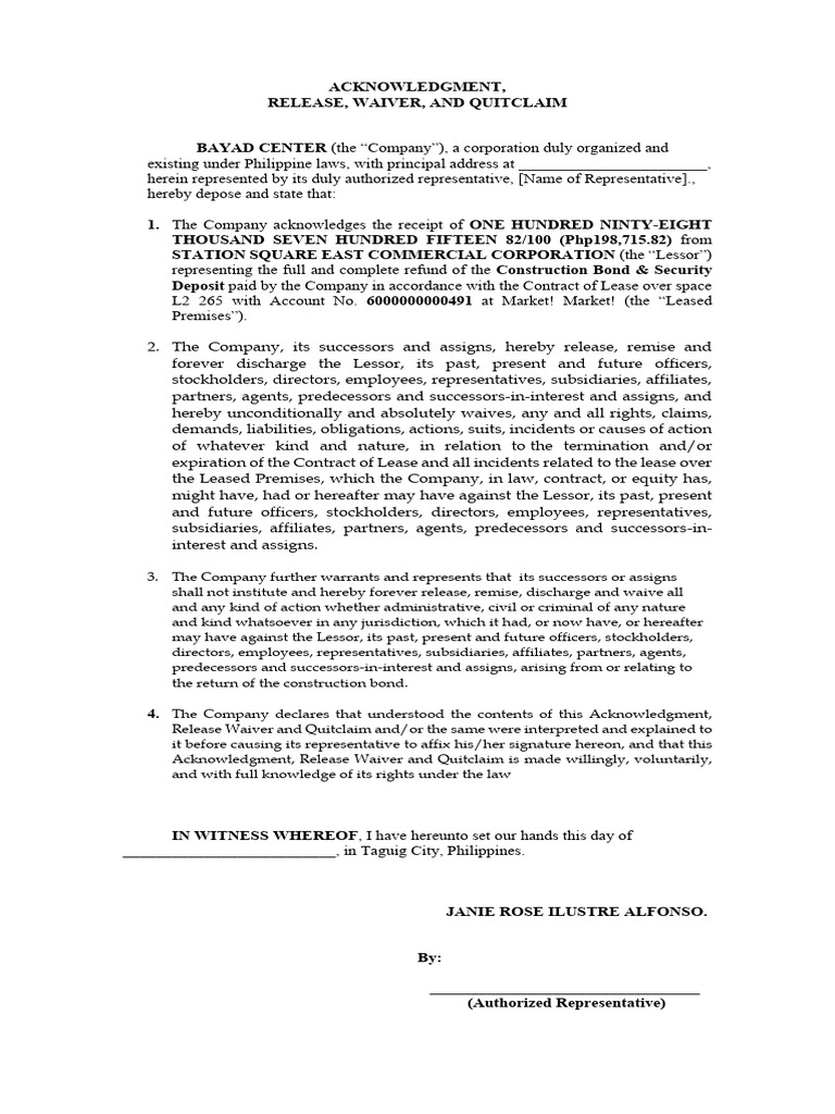 Acknowledgement Letter of SecDep Bond-V.2 BAYAD CENTER | PDF | Lease ...
