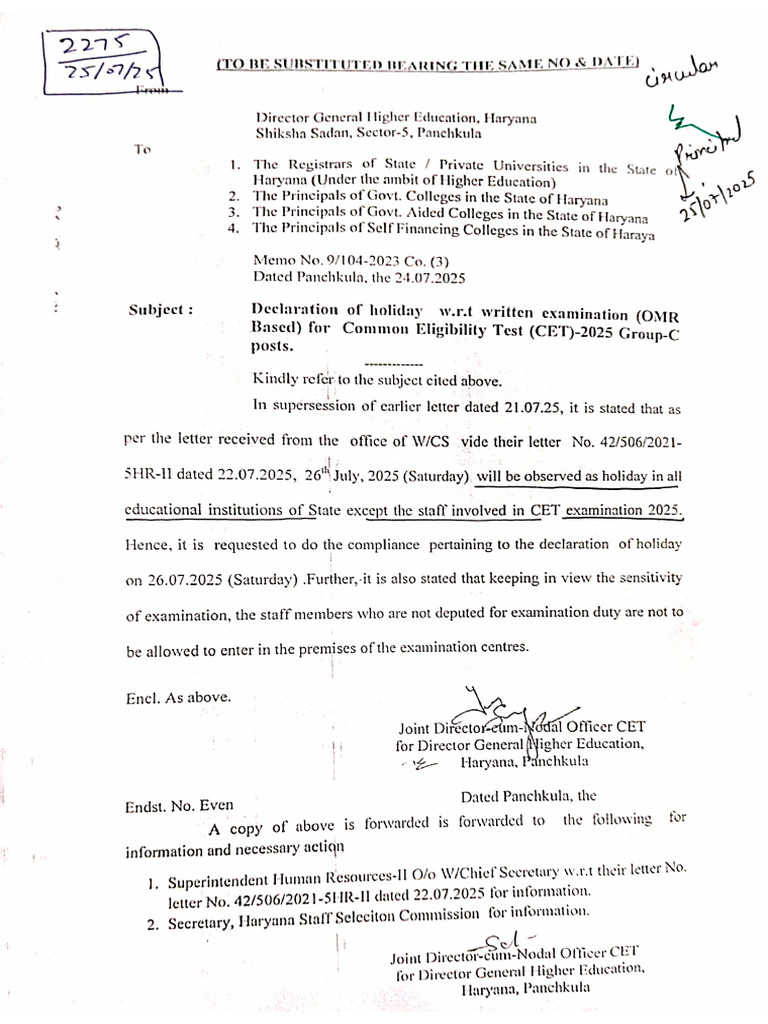 Declaration of Holiday W.R.T Written Examination For CET | PDF