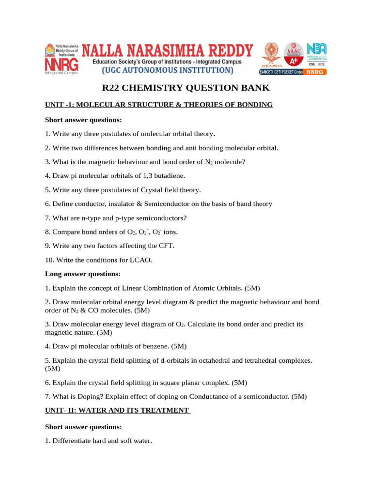 Chemistry Question Bank-R22 (Revised) | PDF | Corrosion | Molecular Orbital