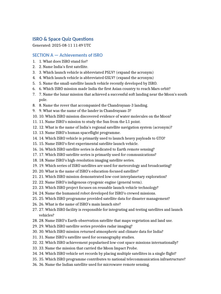 ISRO Quiz: Achievements & History | PDF | Spacecraft | Outer Space