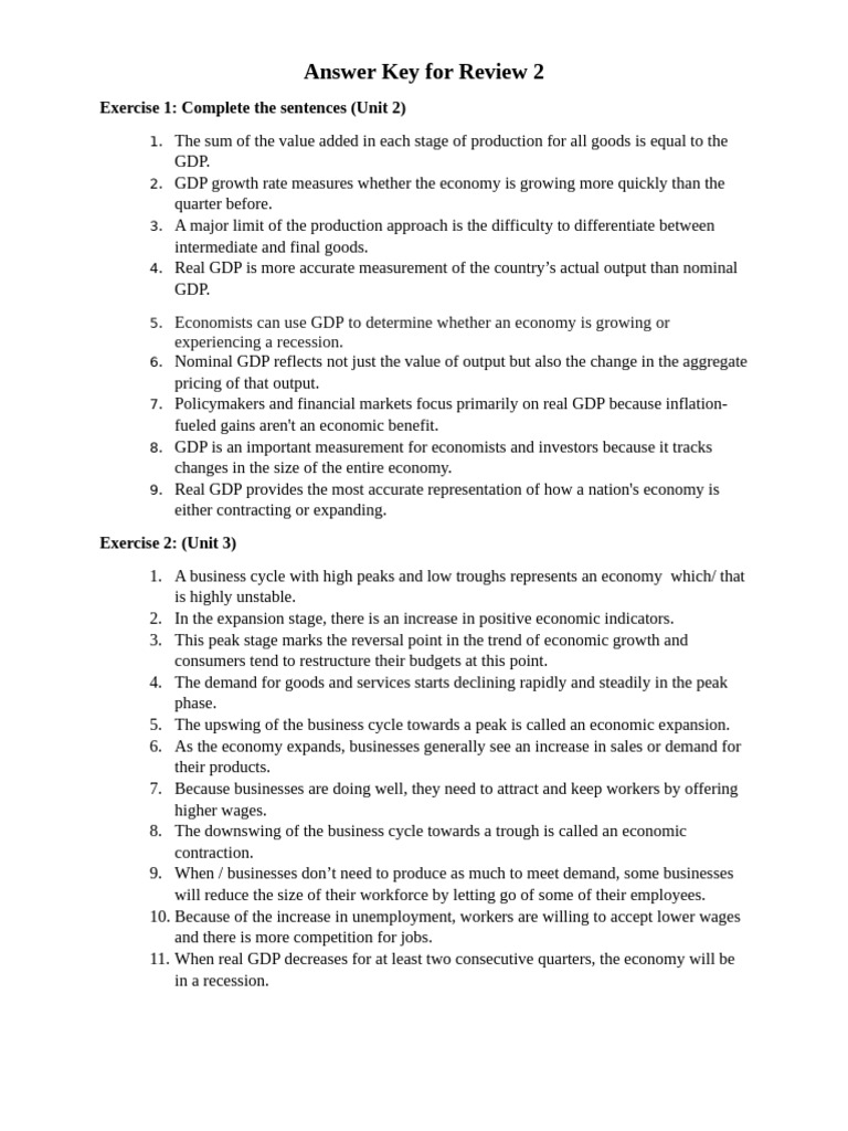 Answer Key For Review 2 (U2 - 3) | PDF | Recession | Gross Domestic Product