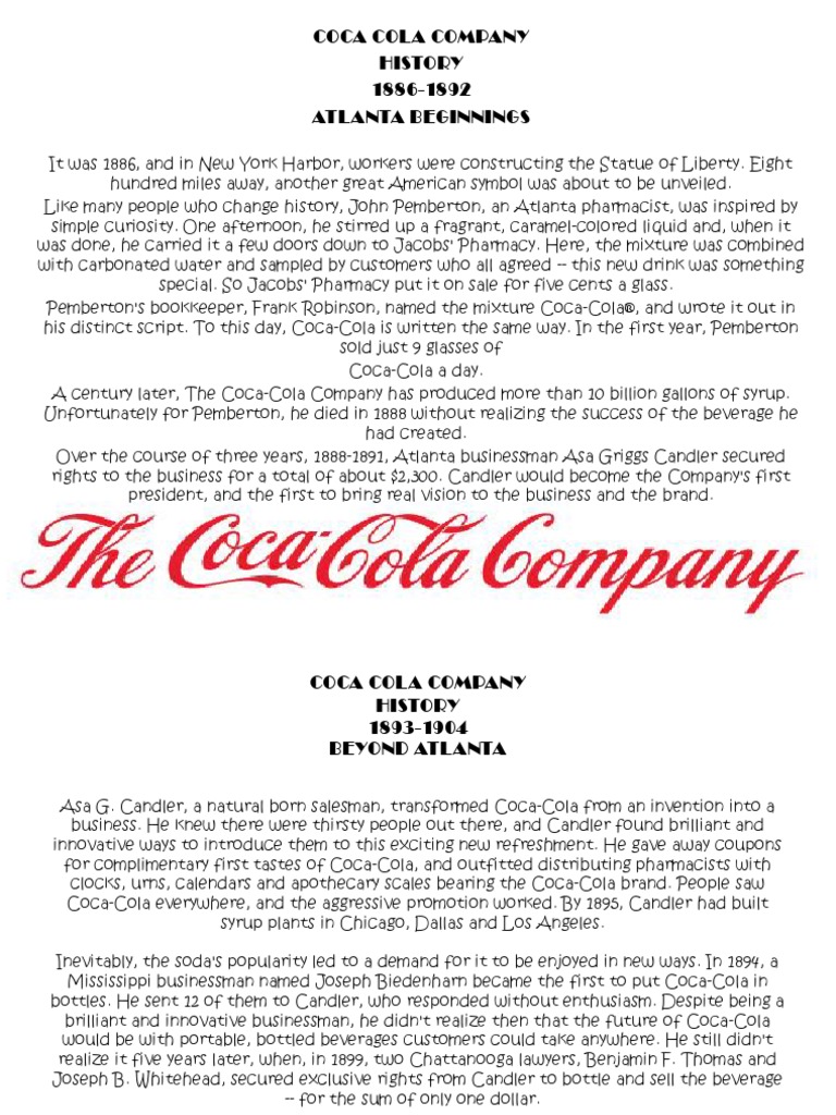 Coca Cola Company History 1886-1892 Atlanta Beginnings | PDF | Coca ...
