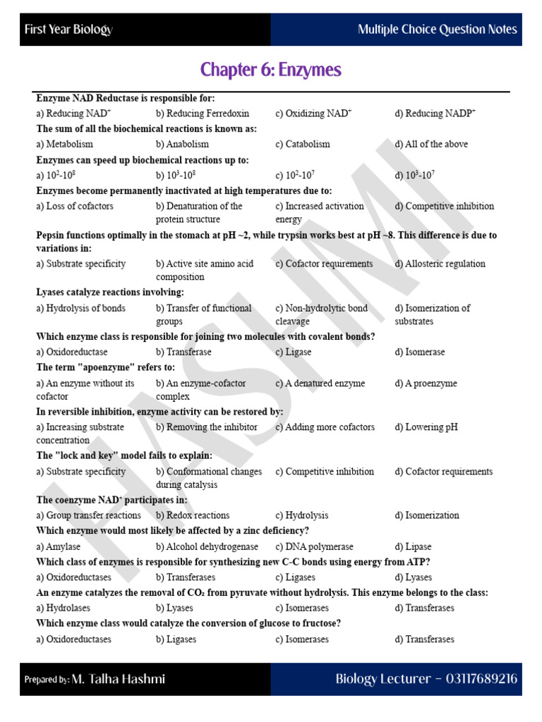 First Year Biology: Enzyme MCQs Guide | PDF | Enzyme | Enzyme Inhibitor