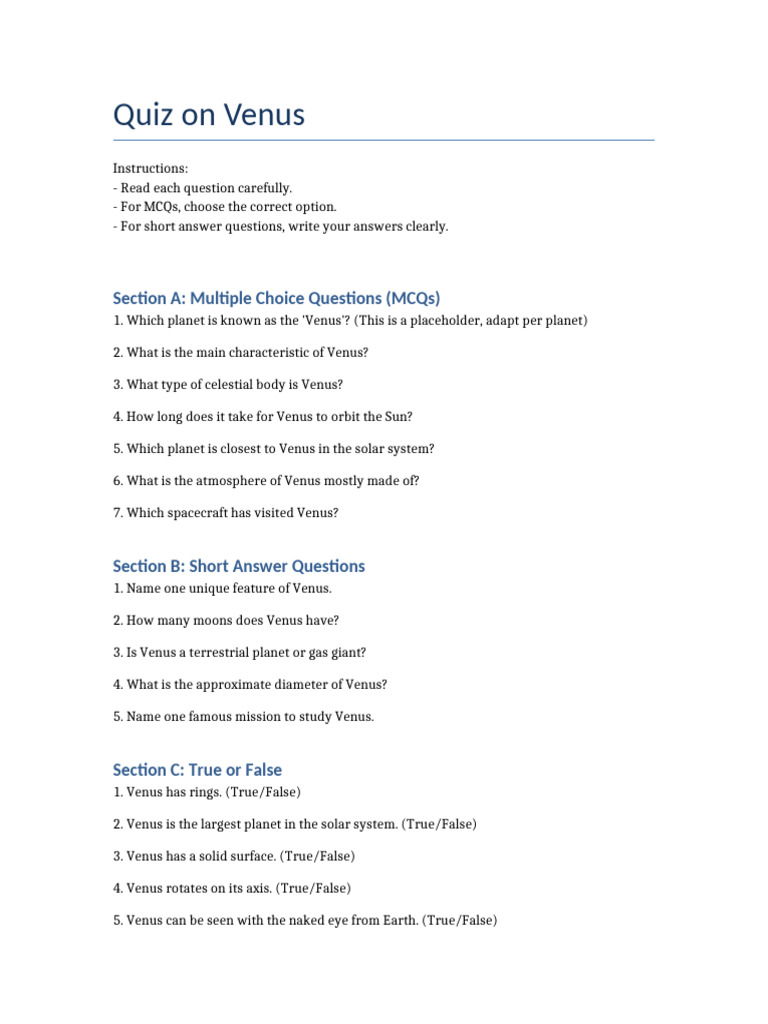 Venus Quiz: Test Your Knowledge | PDF