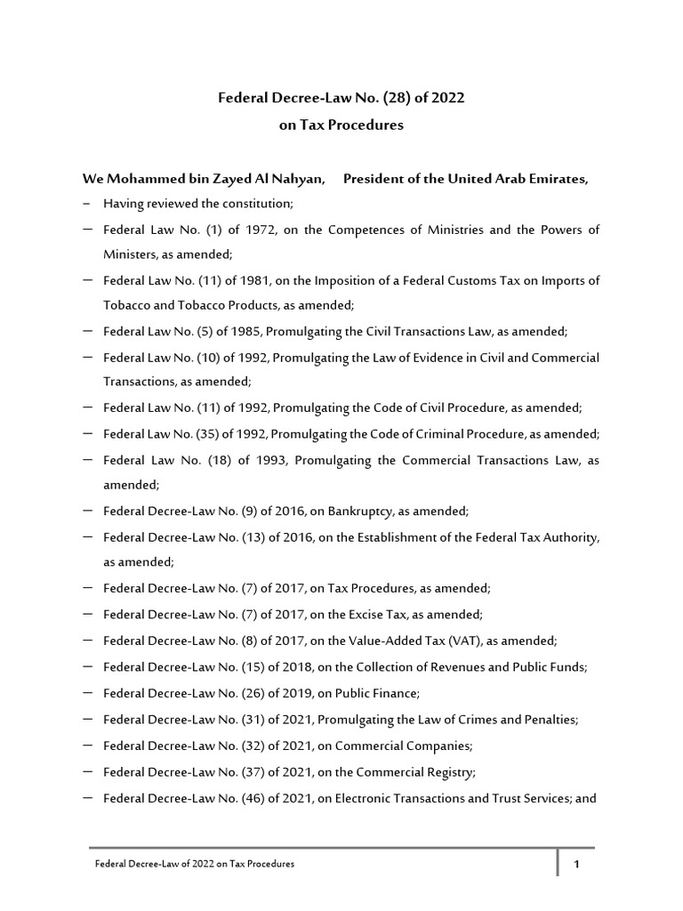 Federal Decree Law 28 of 2022 on Tax Procedures | PDF | Taxation In The ...