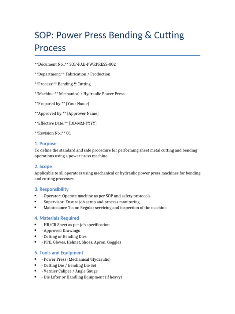 Power Press Bending & Cutting SOP | PDF | Sheet Metal | Mechanical ...