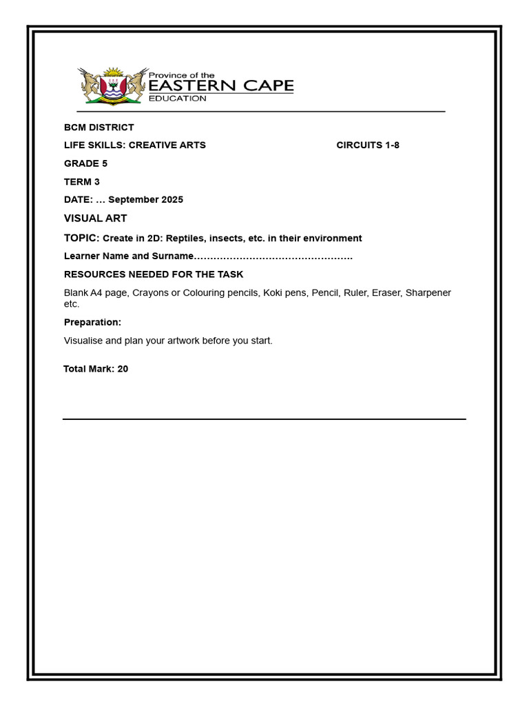 CA Grade 5 Term 3 Visual Arts Fat 2 | PDF