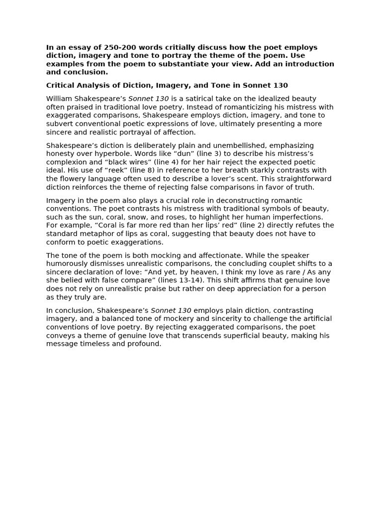 Analysis of Diction and Imagery in Sonnet 130 | PDF