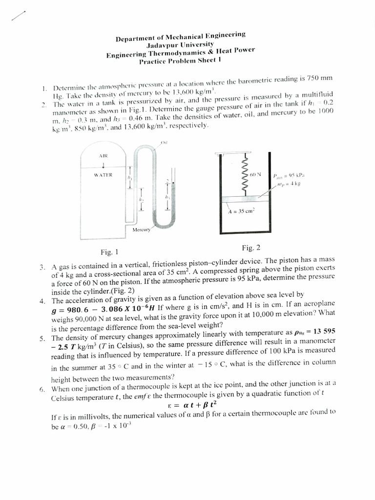 Thermodynamics Problem Sheet | PDF | Pressure | Pressure Measurement
