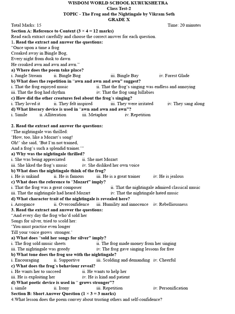Class Test-2 Poem The Frog and The Nightingale Grade X | PDF