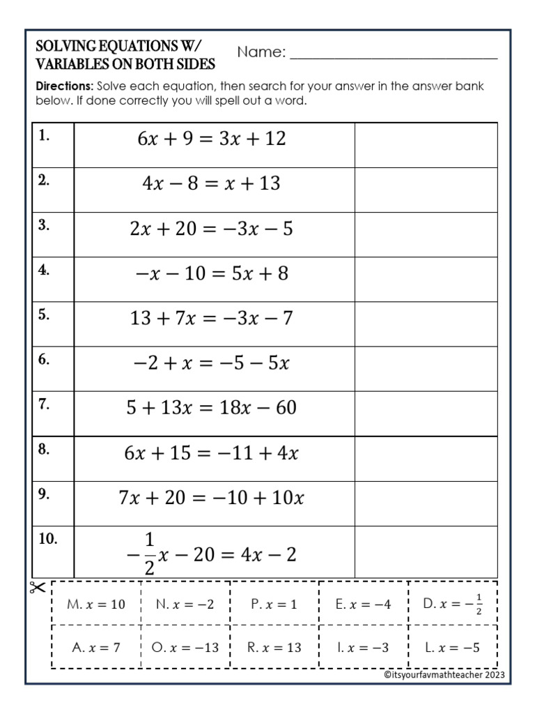 Solving Equations W/ Variables On Both Sides: Name | PDF