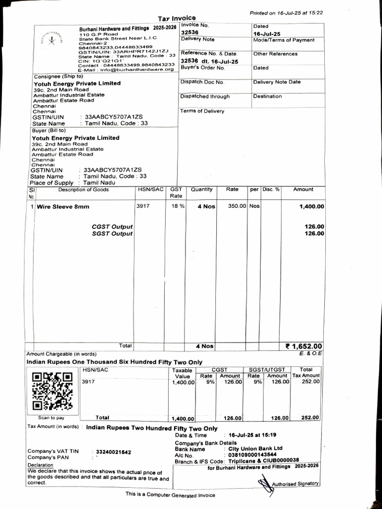 Chennai Invoice for Burhani Hardware | PDF | Invoice | Taxation