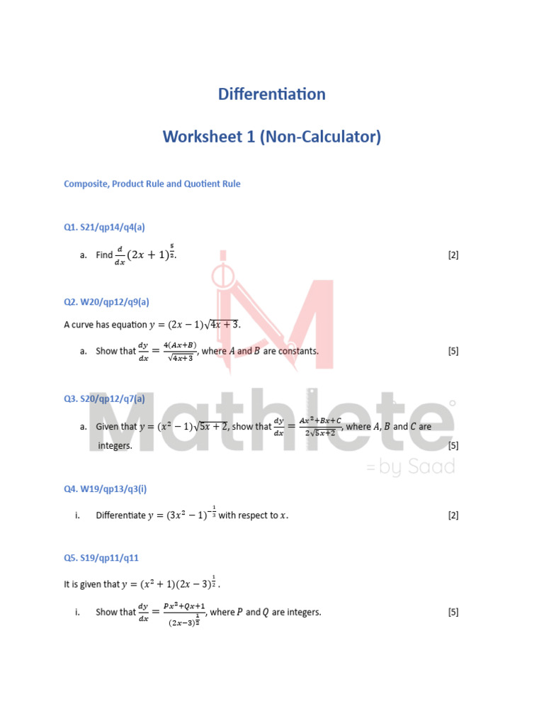 Differentiation Worksheet 1a | PDF | Mathematical Objects | Mathematics