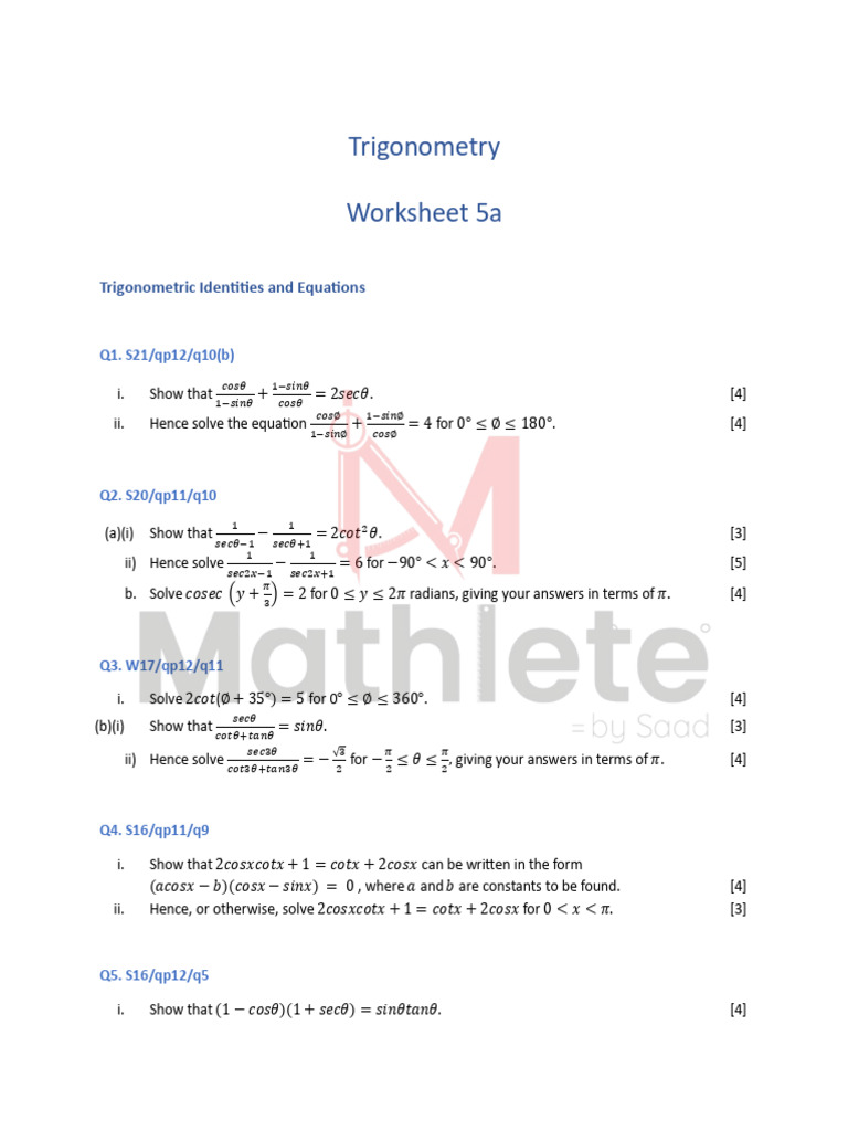 Trigonometric Identities Worksheet | PDF | Trigonometry | Mathematical ...