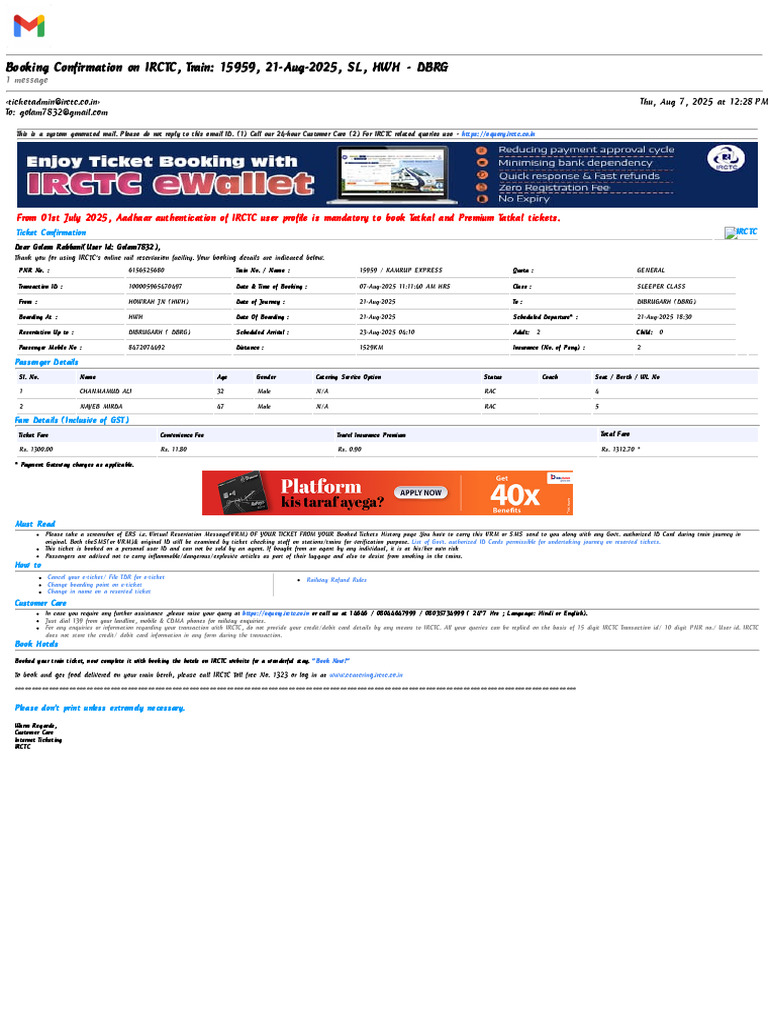 Gmail - Booking Confirmation On IRCTC, Train - 15959, 21-Aug-2025, SL ...