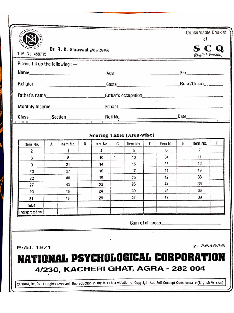SCQ Self Concept 2f | PDF