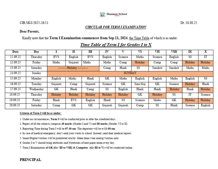 Time Table of Term I For Grades I To X | PDF