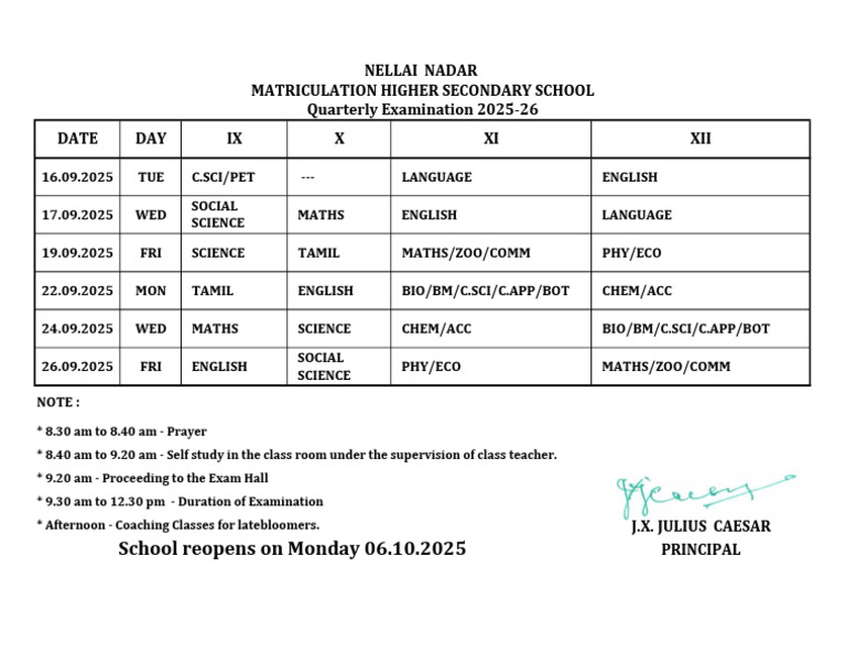 STD 9, 10, 11 & 12 - Quarterly Exam Timetable | PDF