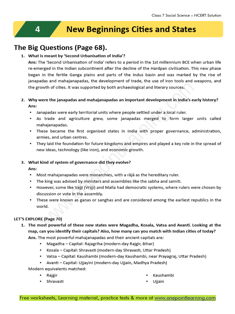 NCERT Solution Class 7 Social Science Chapter 4 New Beginnings Cities ...