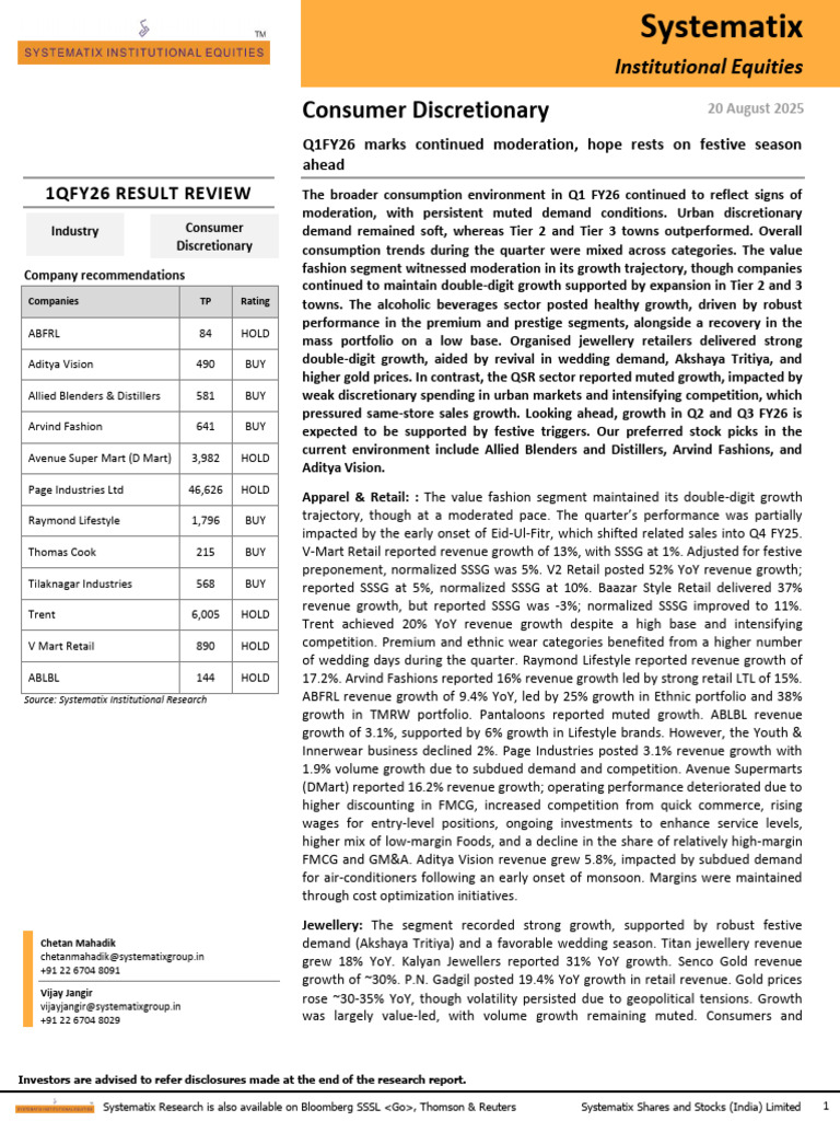 Q1FY26 Consumer Discretionary Review | PDF | Financial Analyst | Investing