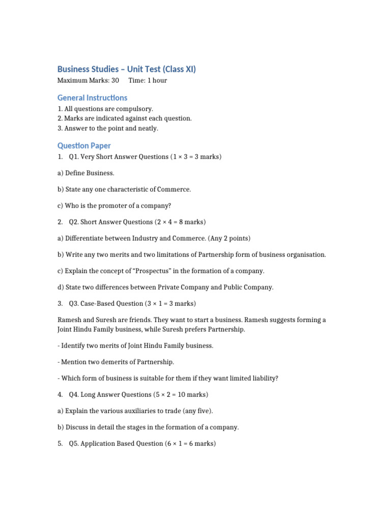 Class XI Business Studies Unit Test | PDF | Business | Commerce