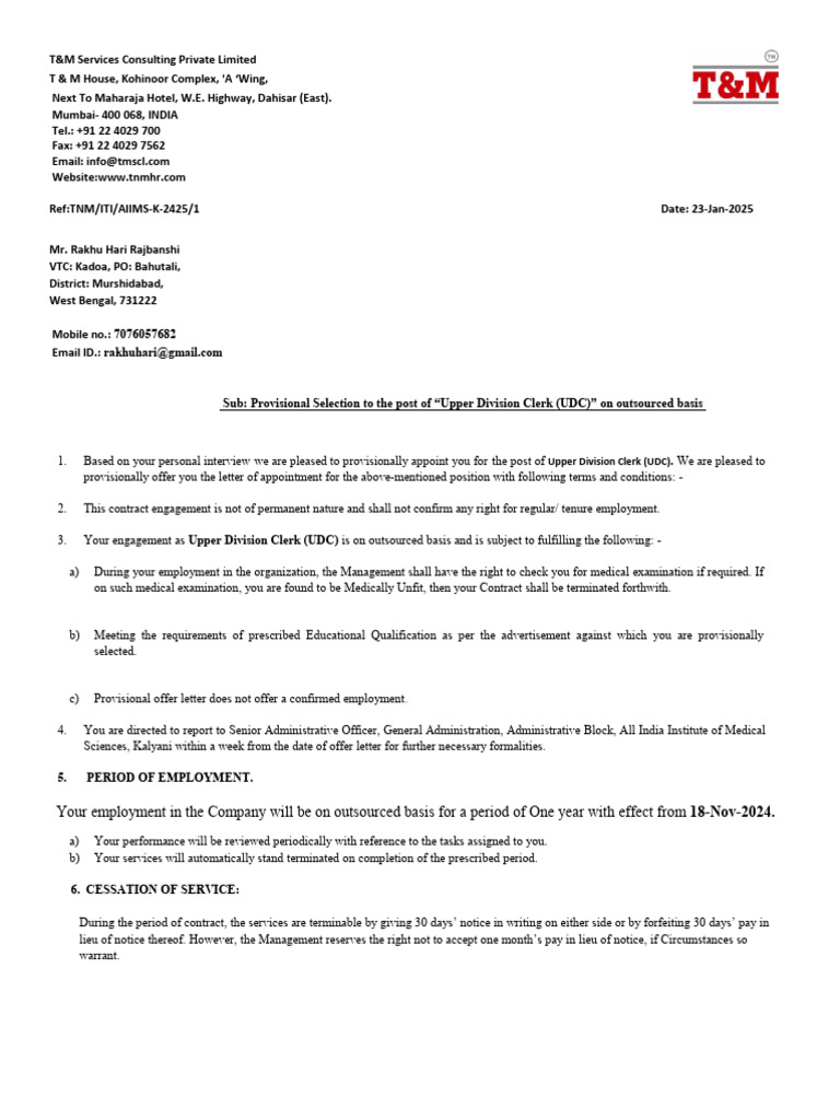 ITI Provisional Appointment Letter UDC | PDF | Employment | Business