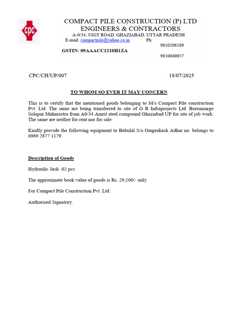 Delivery Challan Ghaziabad to Solapur for Babulal | PDF